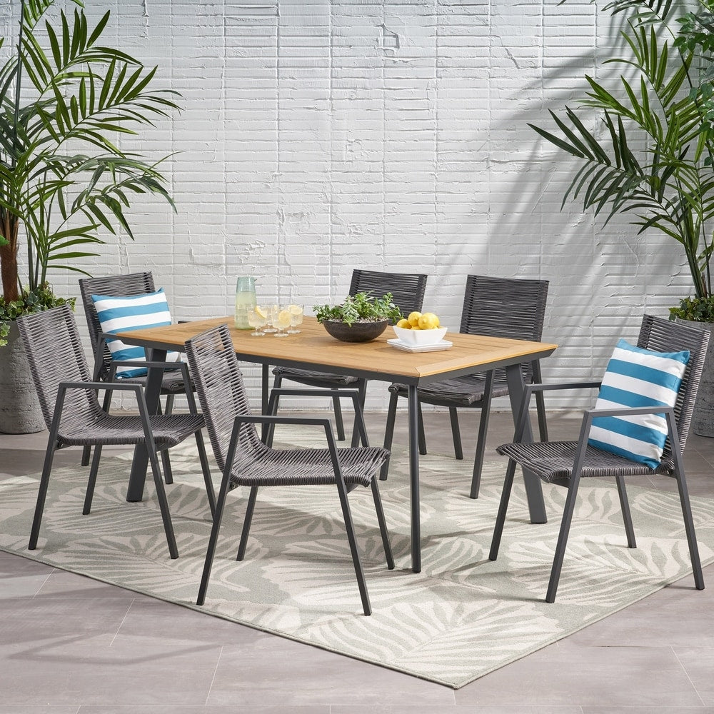 Magno Outdoor Modern 6 Seater Aluminum Dining Set with Faux Wood Table ...