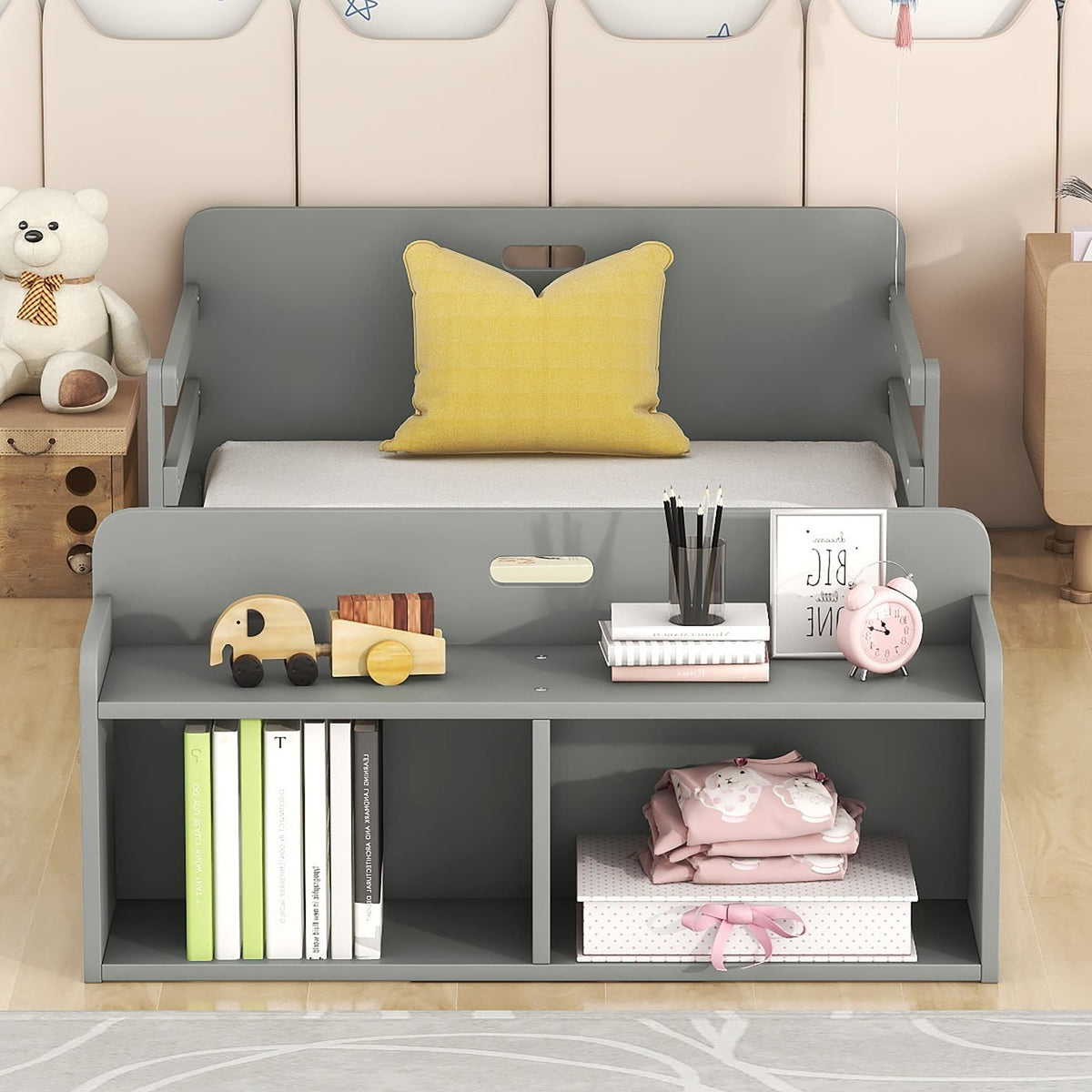 Twin Size Floor Bed With Storage Footboard And Guardrail, Grey – Overstock