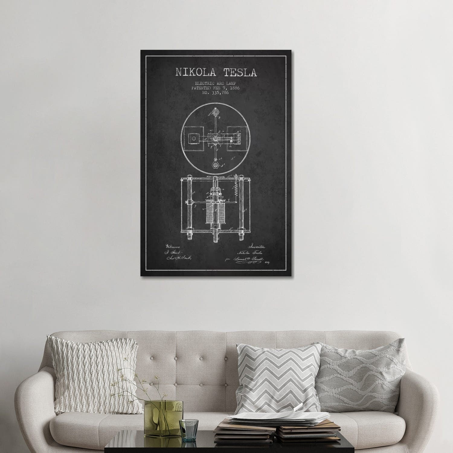 iCanvas "Tesla Arc Lamp Charcoal Patent Blueprint" by Aged Pixel Canva ...